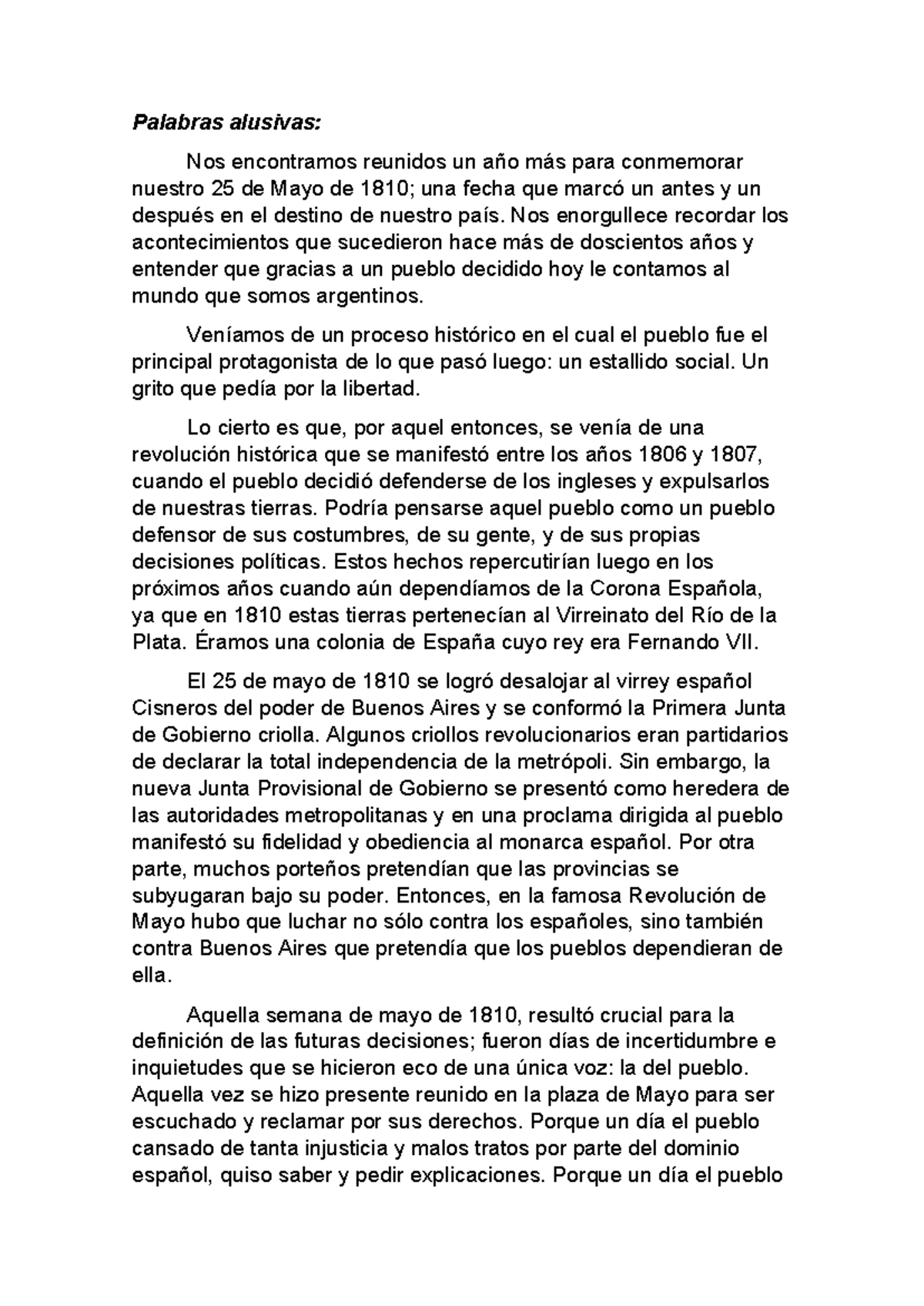 Palabras Alusivas: Acto Conmemorativo 25 de Mayo - Studocu