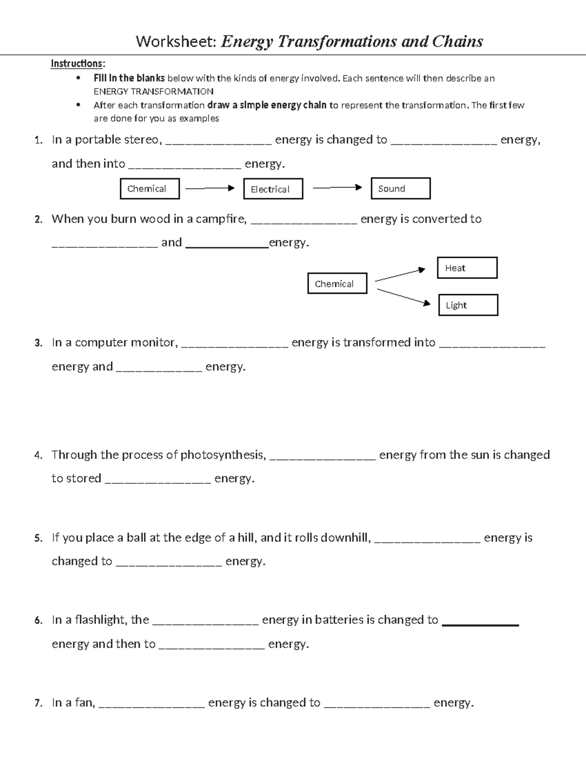 Worksheet: Energy Transformations and Chains (Science 101) - Studocu