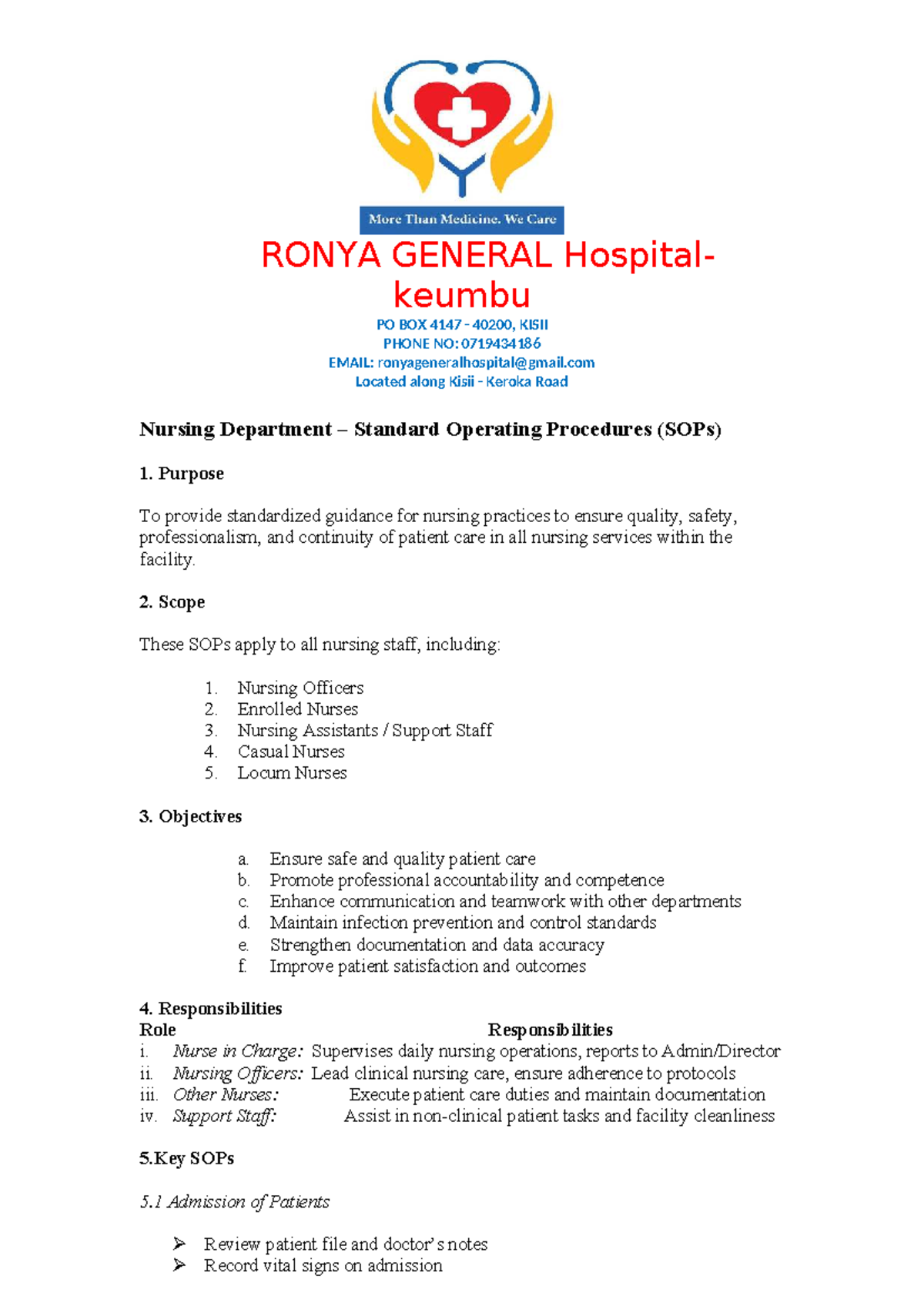 Nursing Dept SOPs: Quality Care & Patient Safety Guidelines - Studocu
