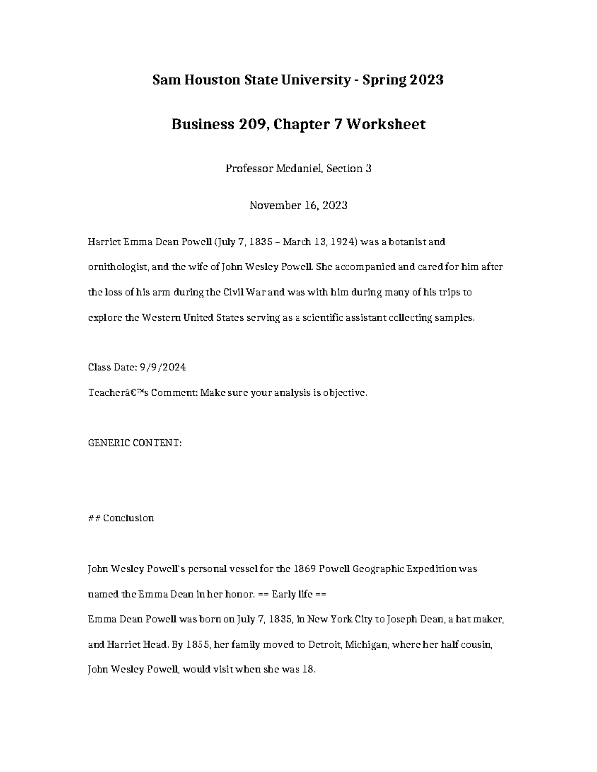 Business 209 Chapter 7 Worksheet - Sam Houston State University ...