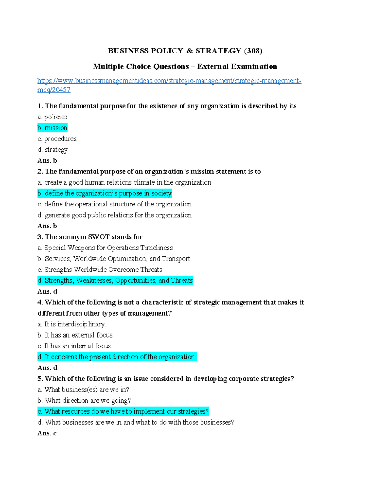 Business policy strategy (308) multiple choice questions for external ...