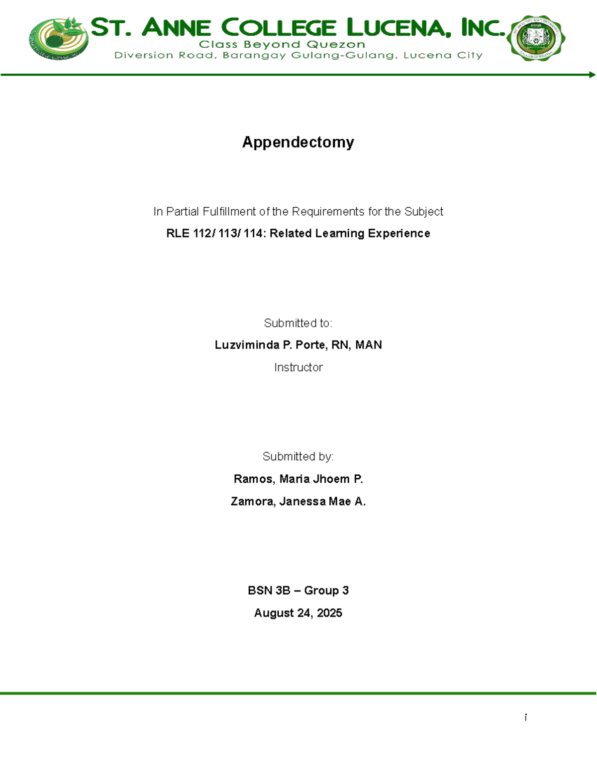 RLE 114: Case Study on Appendectomy and Nursing Management - Studocu