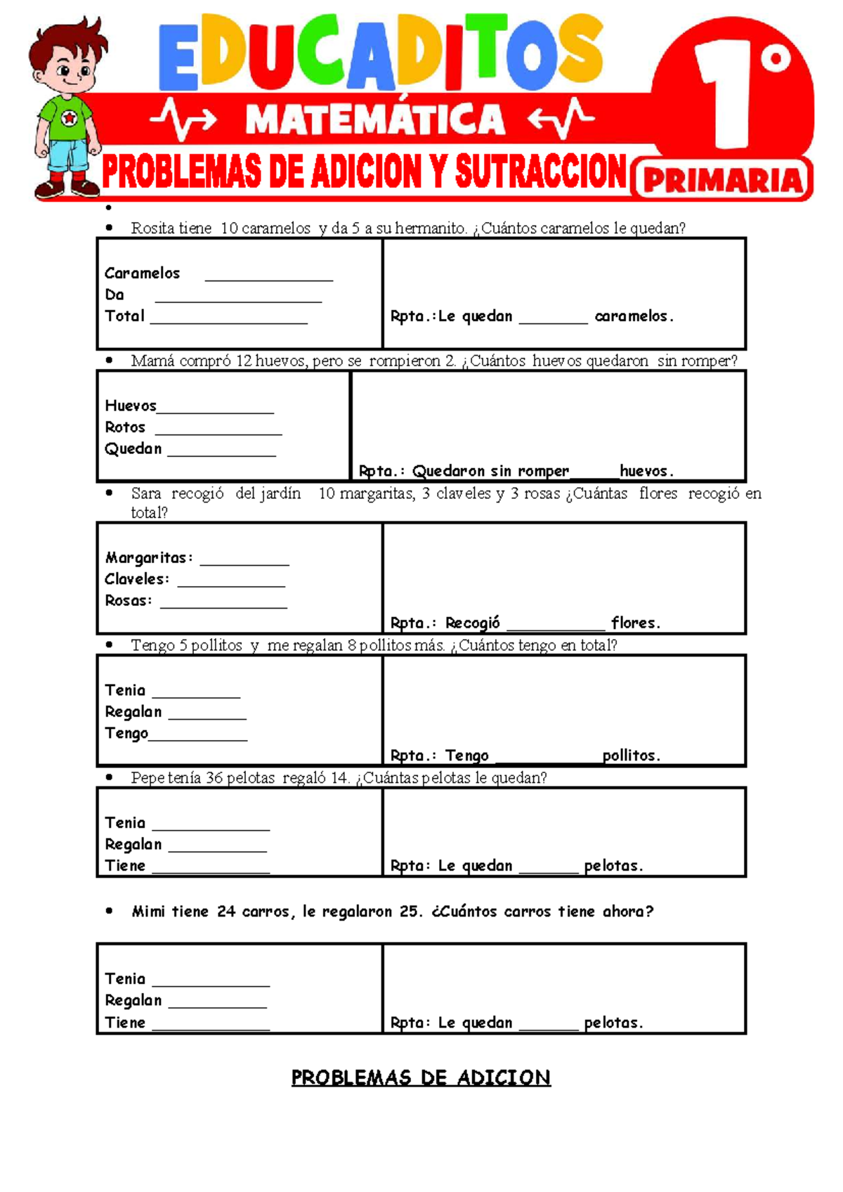 Problemas de Adición y Sustracción para 1er Grado - Ejercicios y ...