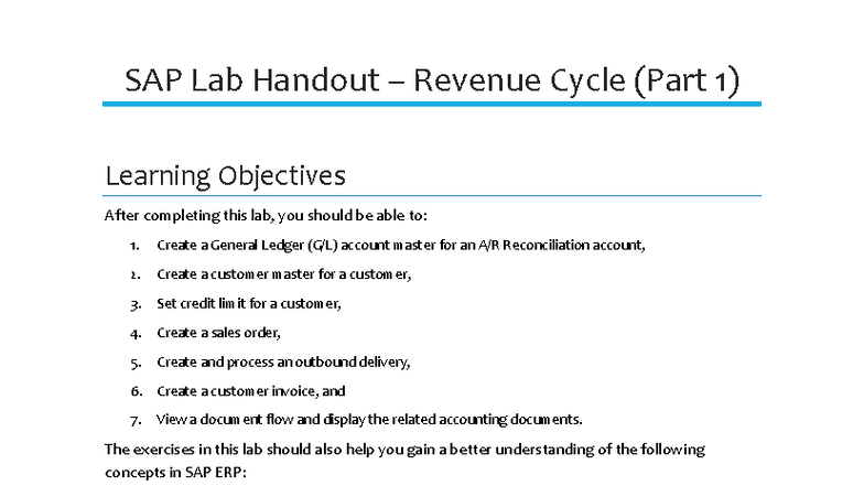 W6 SAP Lab - Revenue Cycle (Part 1) Handout and Learning Objectives ...