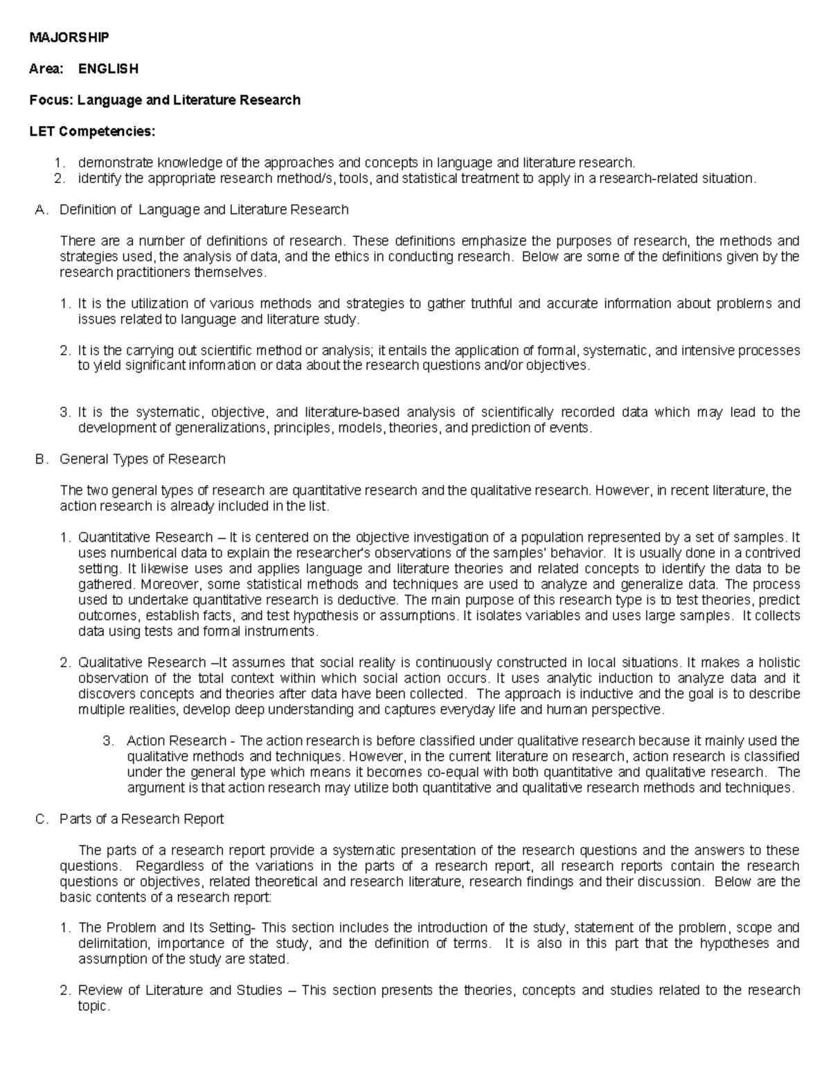 Language and Literature Research: Concepts and Methods Overview - Studocu