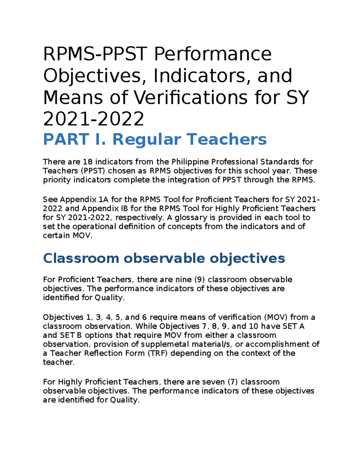 RPMS - PPST Performance Objectives and Verification for SY 2021-2022 ...
