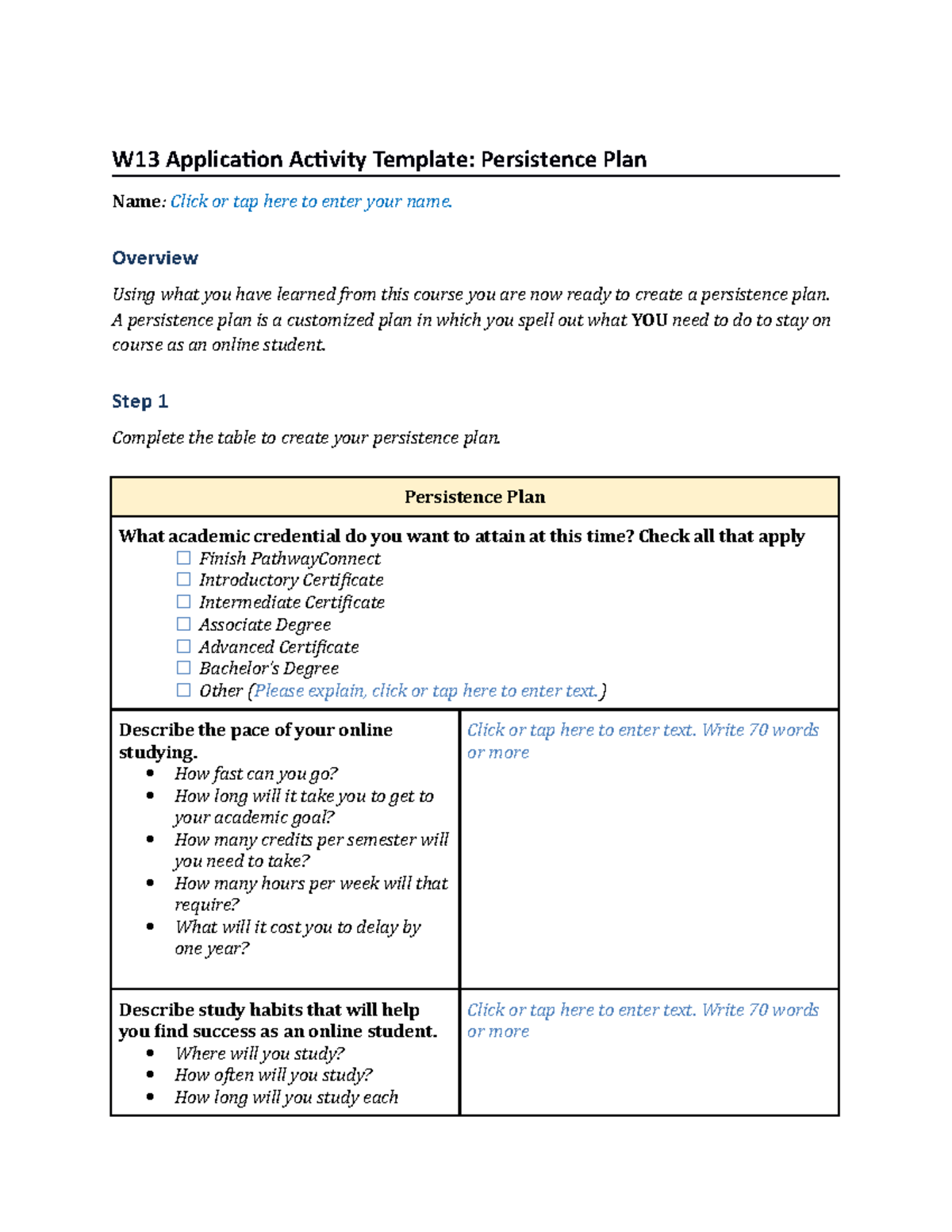 PC103 W13 Application Activity: Persistence Plan Template - Studocu