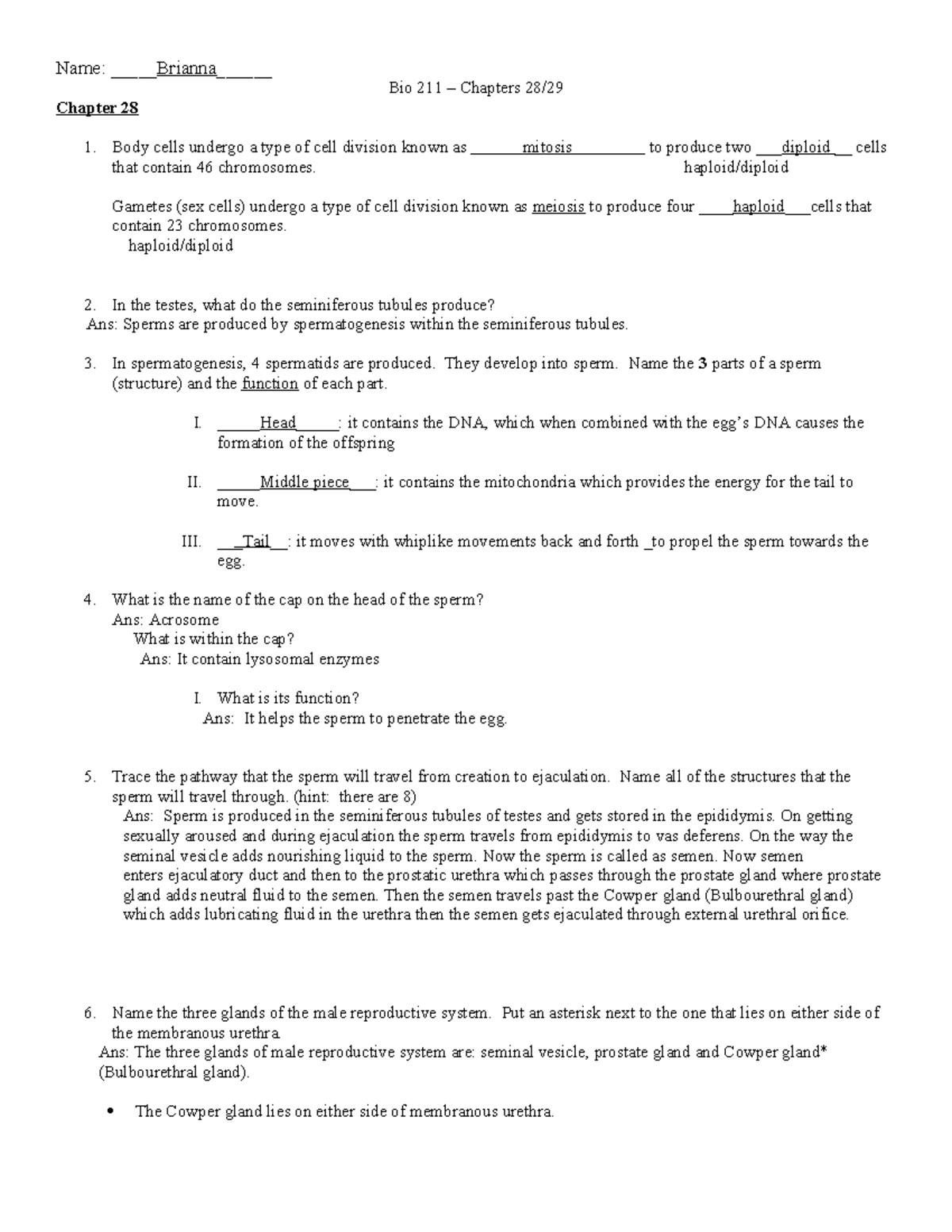 BIO 211 Ch 28 and 29 Worksheet 2017 - Name: Brianna_ Bio 211 – Chapters 28/ Chapter 28 Body ...