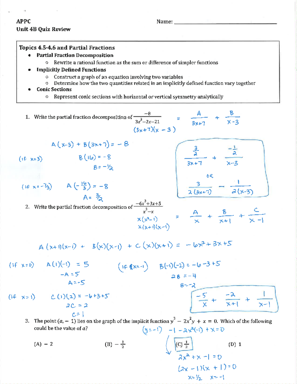 APPC Unit 4B Quiz Review: Partial Fractions & Conic Sections - Studocu