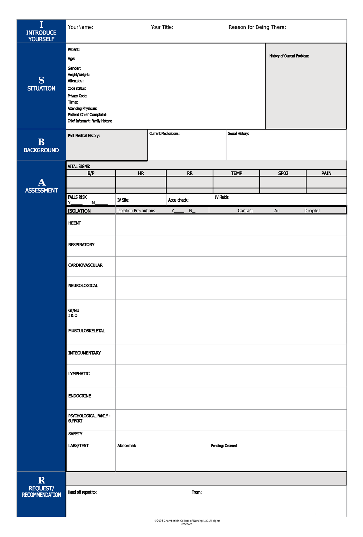 Isbar Document - I INTRODUCE YOURSELF YourName: Your Title: Reason for ...