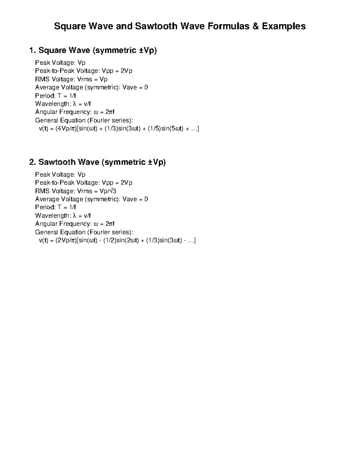 Square and Sawtooth Wave Formulas: Examples and Equations - Studocu