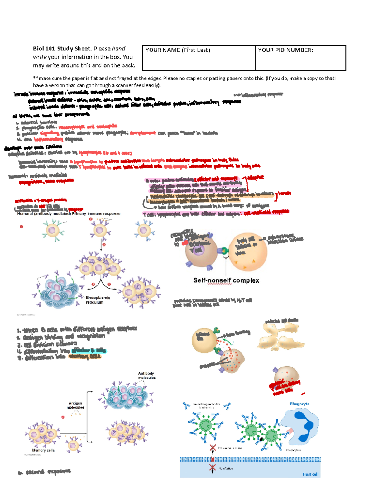 Exam 2 Study Guide / Note Sheet - Biol 101 Study Sheet. Please hand write your information in ...