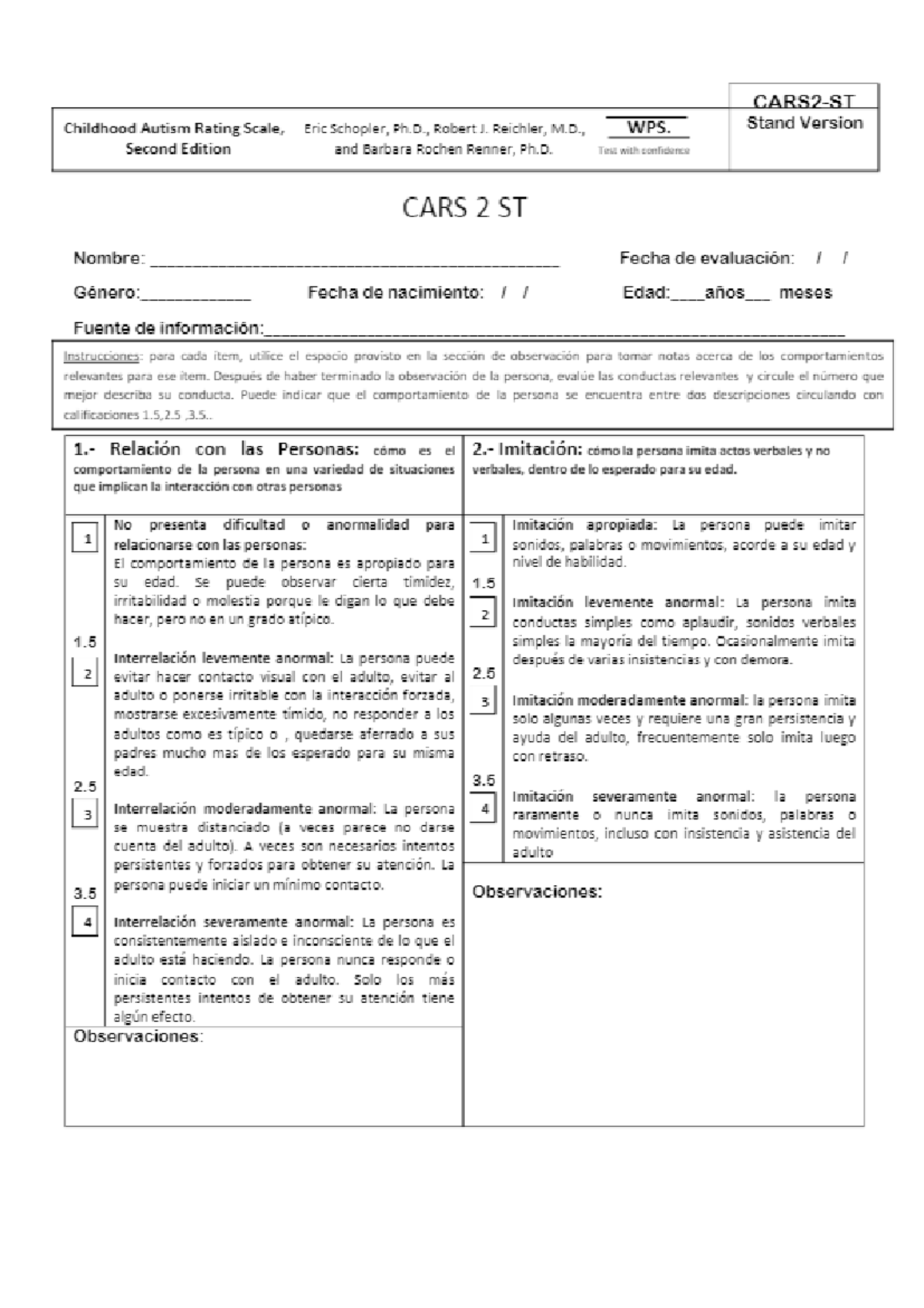 CARS 2 ST - Escala de Apreciación Conductual para Diagnóstico Infantil ...