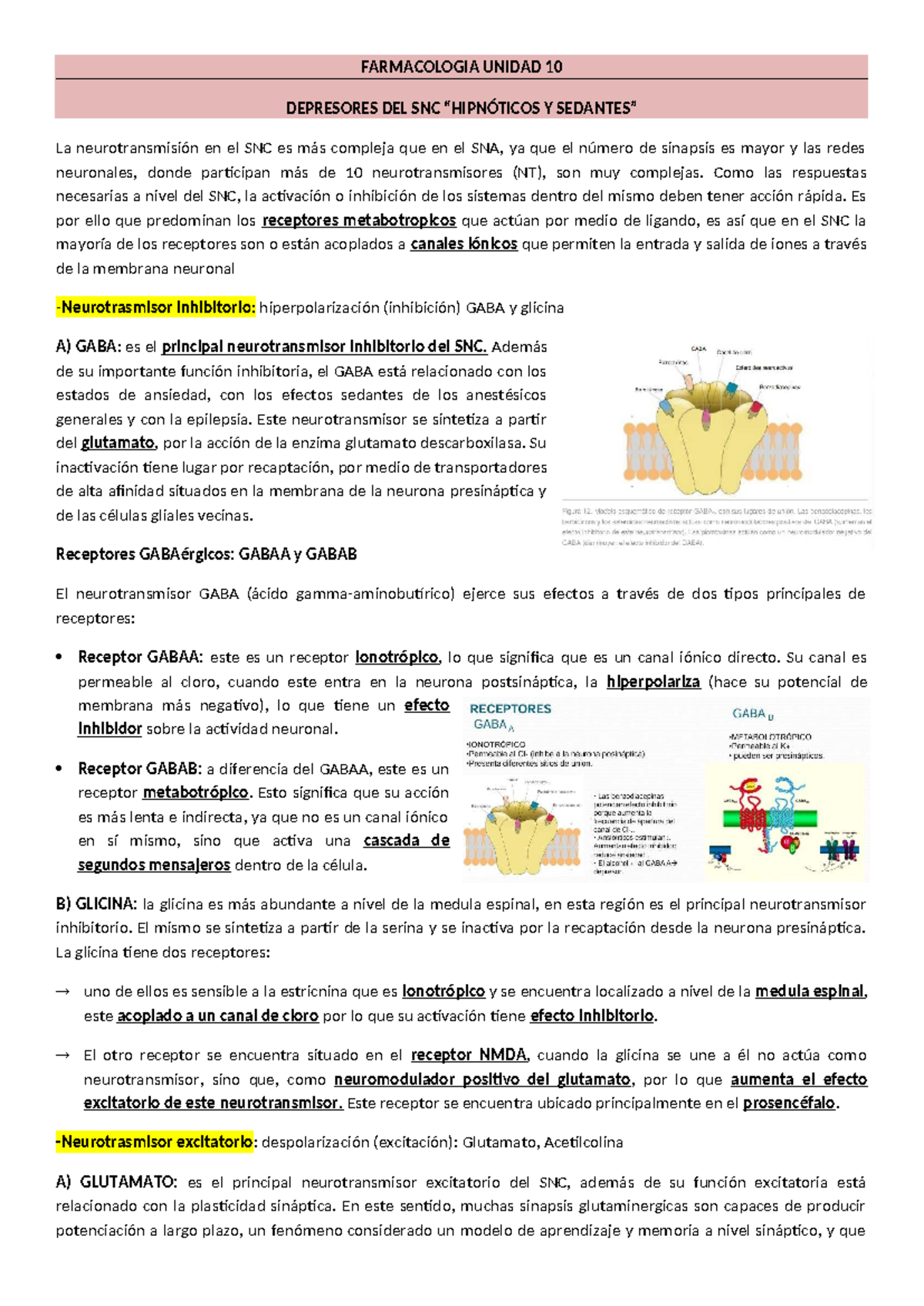 Farmacología UNIDAD 10: Depresores del SNC y Neurotransmisión - Studocu