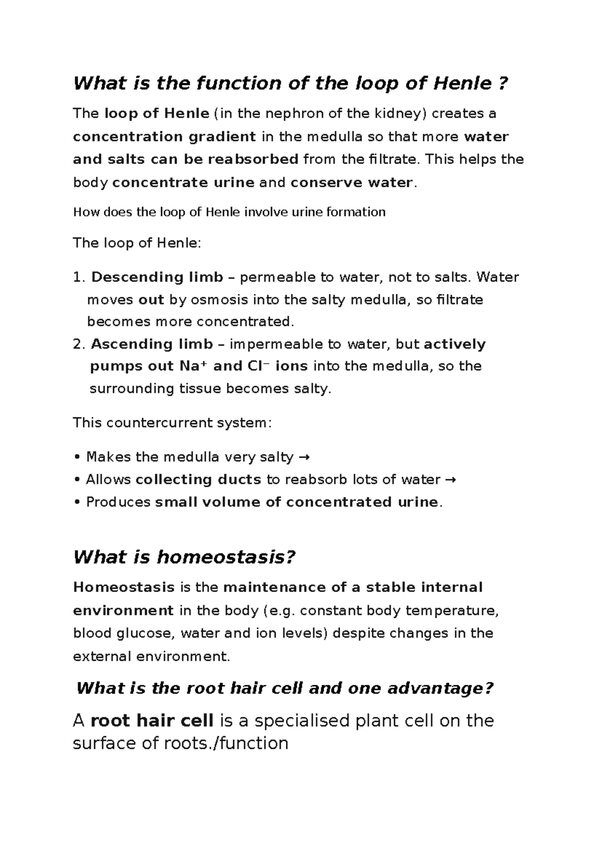 Biology Study Notes: Loop of Henle & Homeostasis Concepts - Studocu
