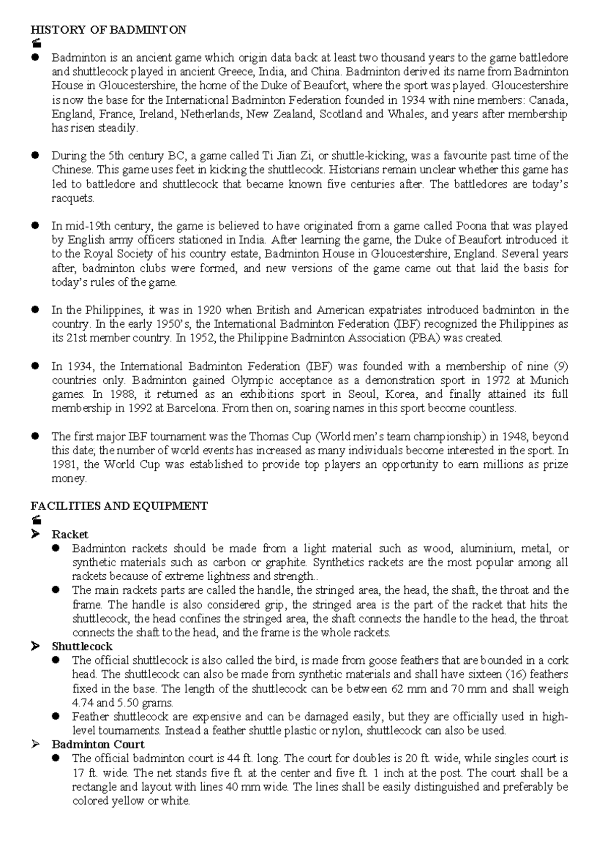 HIST 101: History and Evolution of Badminton - From Origins to Modern Play - Studocu