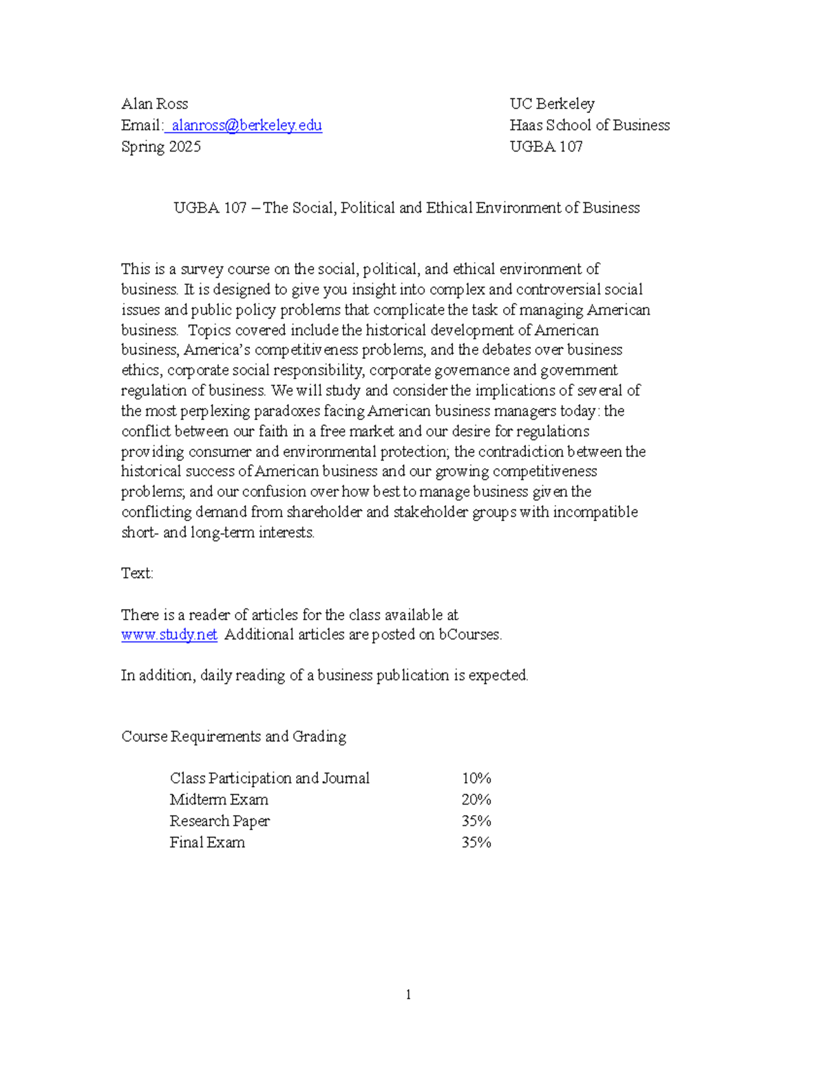 UGBA 107 Syllabus Spring 2025 - Alan Ross UC Berkeley Email: alanross ...