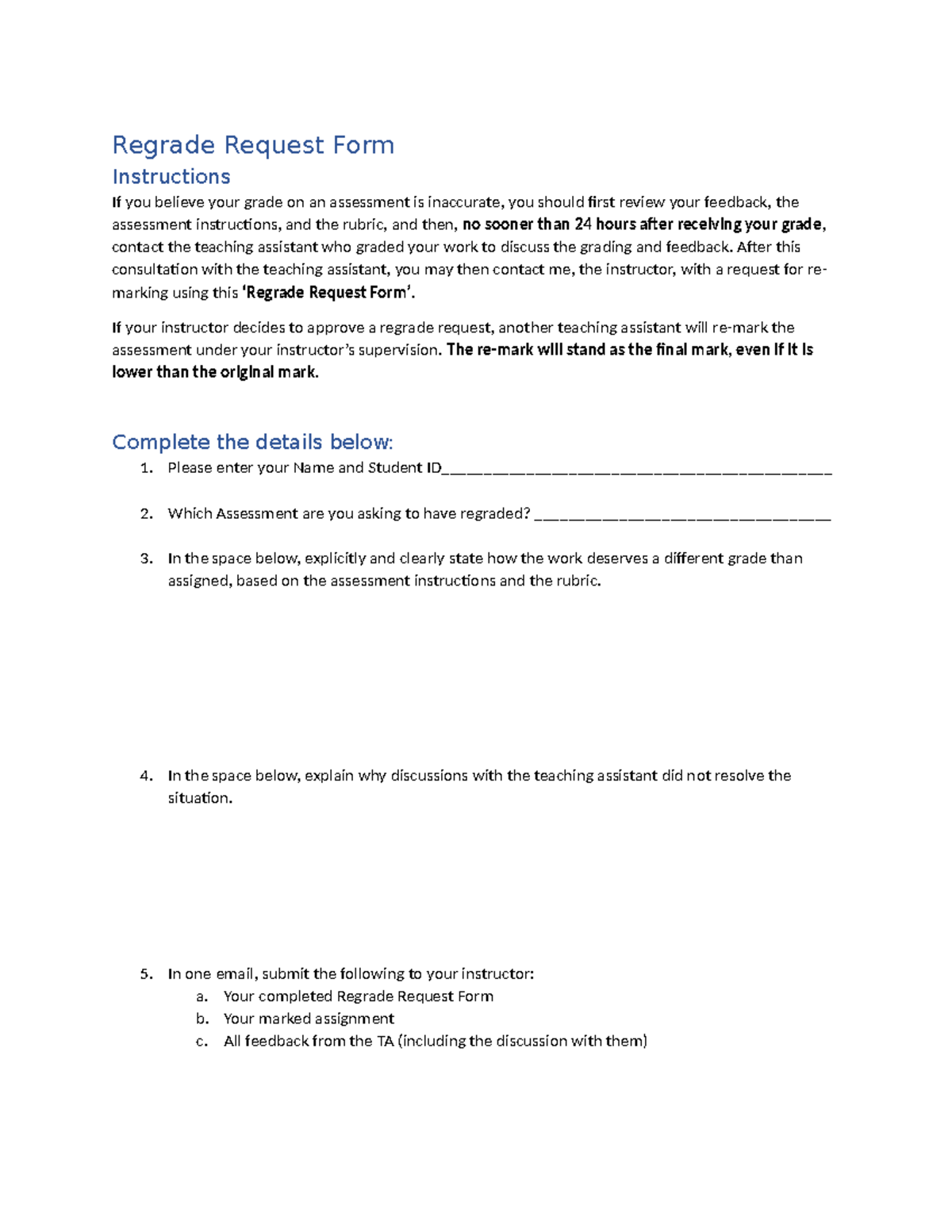 Regrade Request Form Instructions for Assessment Review - Studocu