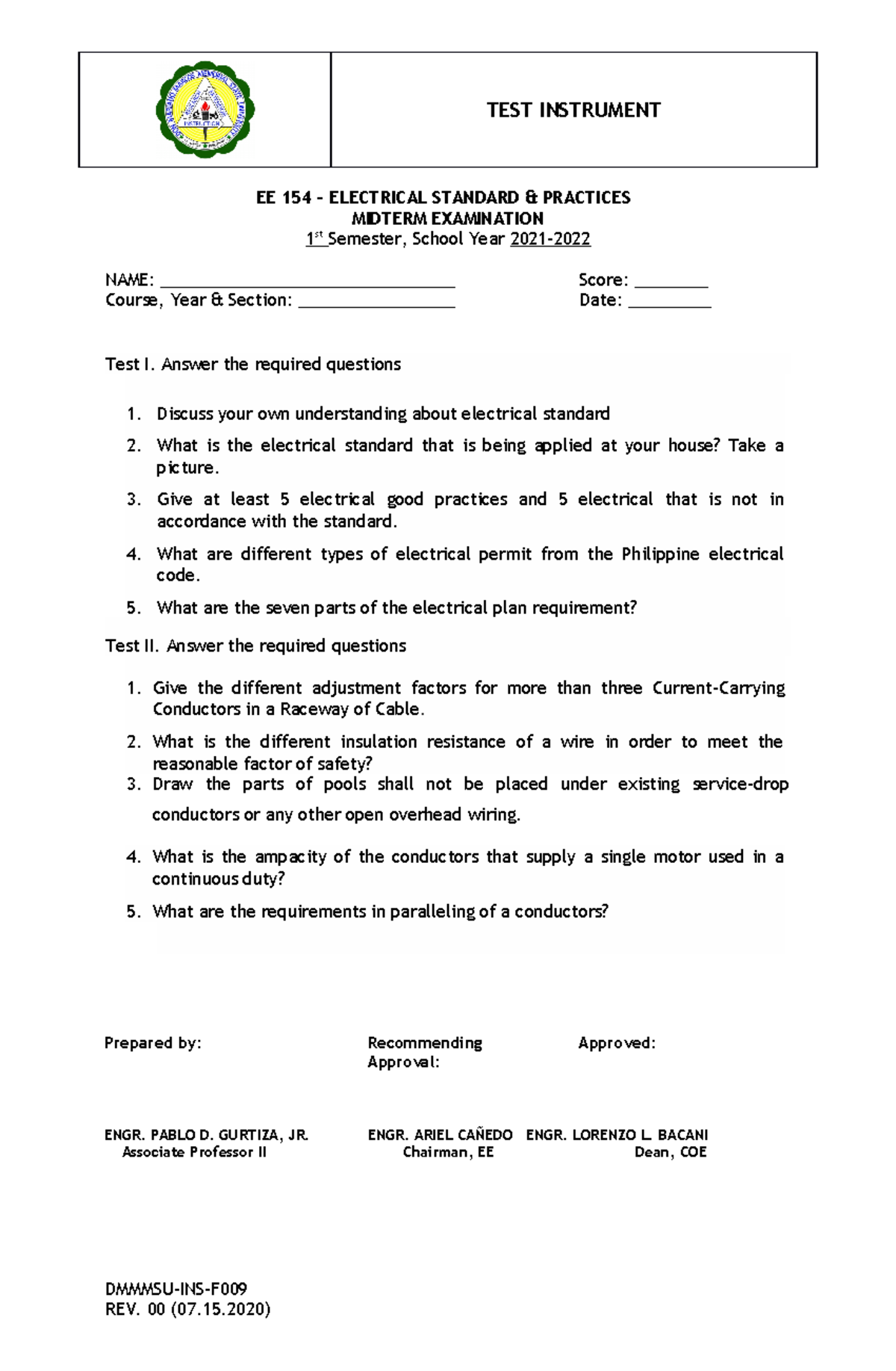 Midterm Exam EE 154: Electrical Standards & Practices Assessment - Studocu