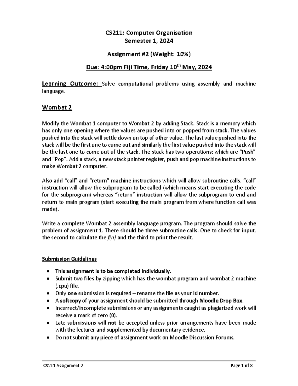CS211 Assignment 2: Wombat 2 Machine and Program Design - Studocu