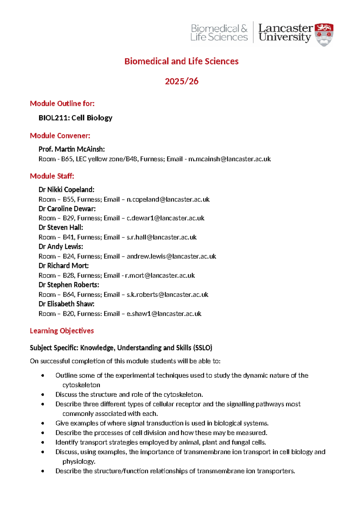 BIOL211: Cell Biology Module Outline & Learning Objectives 2025-26 ...