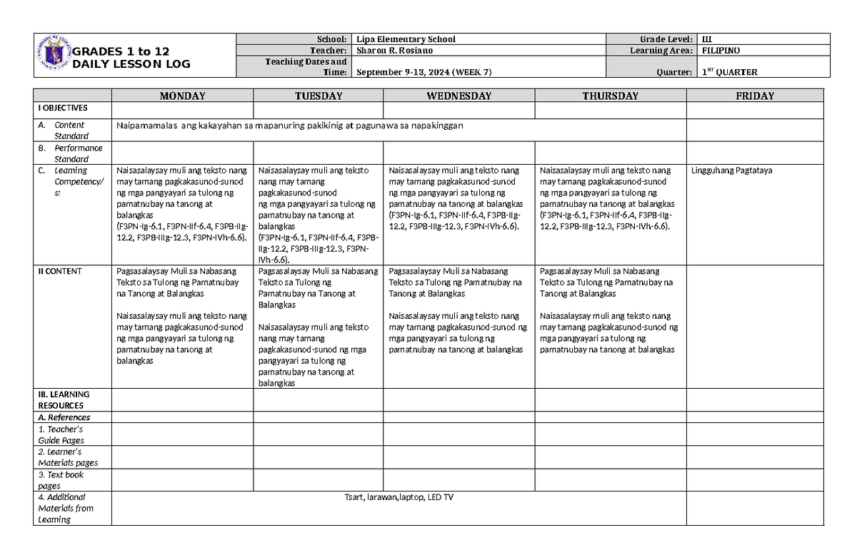 DLL Filipino 3 Q1 W7 - dll - GRADES 1 to 12 DAILY LESSON LOG School: Lipa Elementary School ...