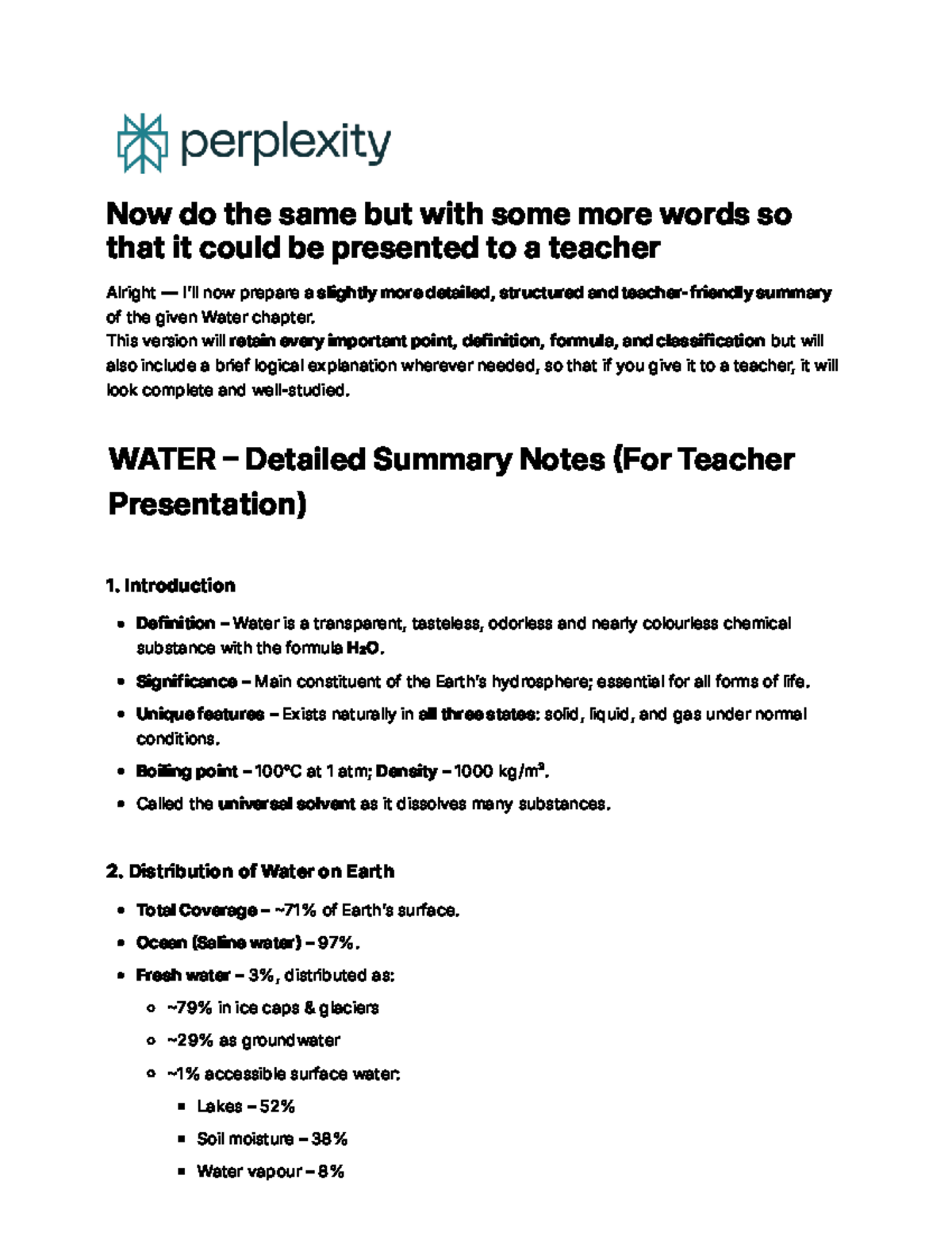 Ch 2 - Water: Detailed Summary Notes for Teacher Presentation - Studocu