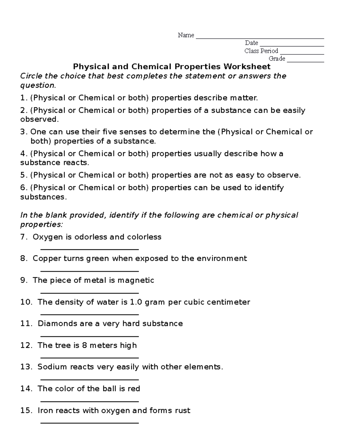 Physical and chemical properties-worksheet - Name ...