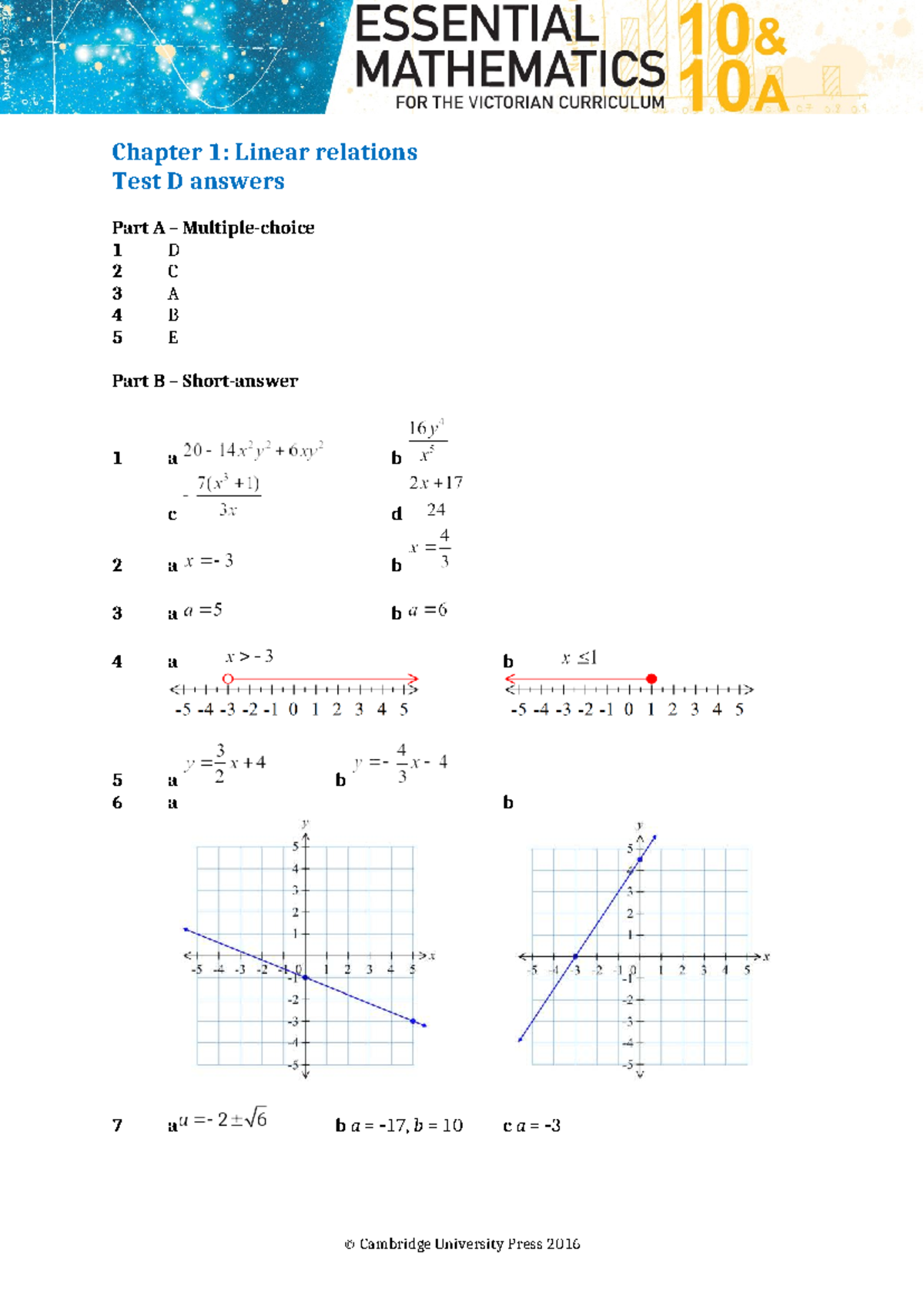 Chapter Test 01D: Answers for Linear Relations - Studocu