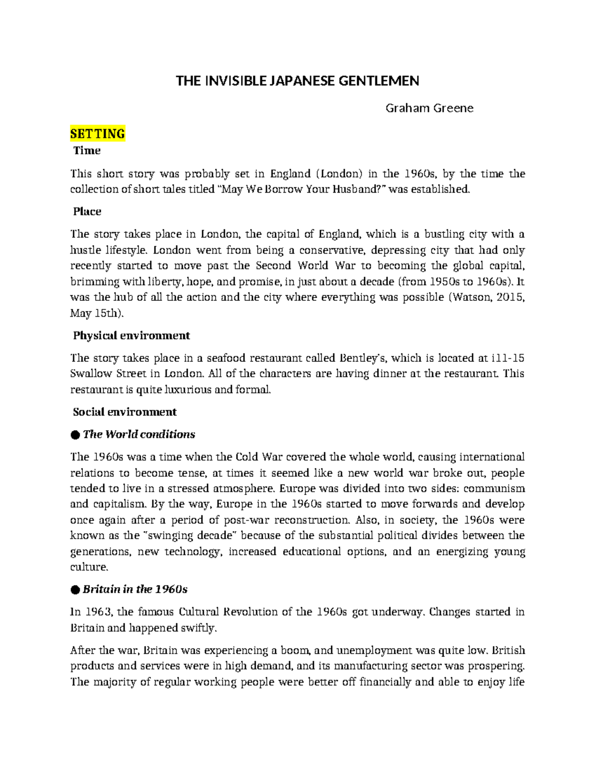 Analysis of Graham Greene's "The Invisible Japanese Gentlemen" - Studocu