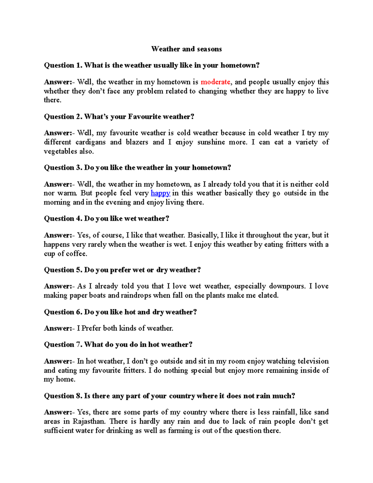 Weather and Seasons Discussion Questions - ENG101 - Studocu