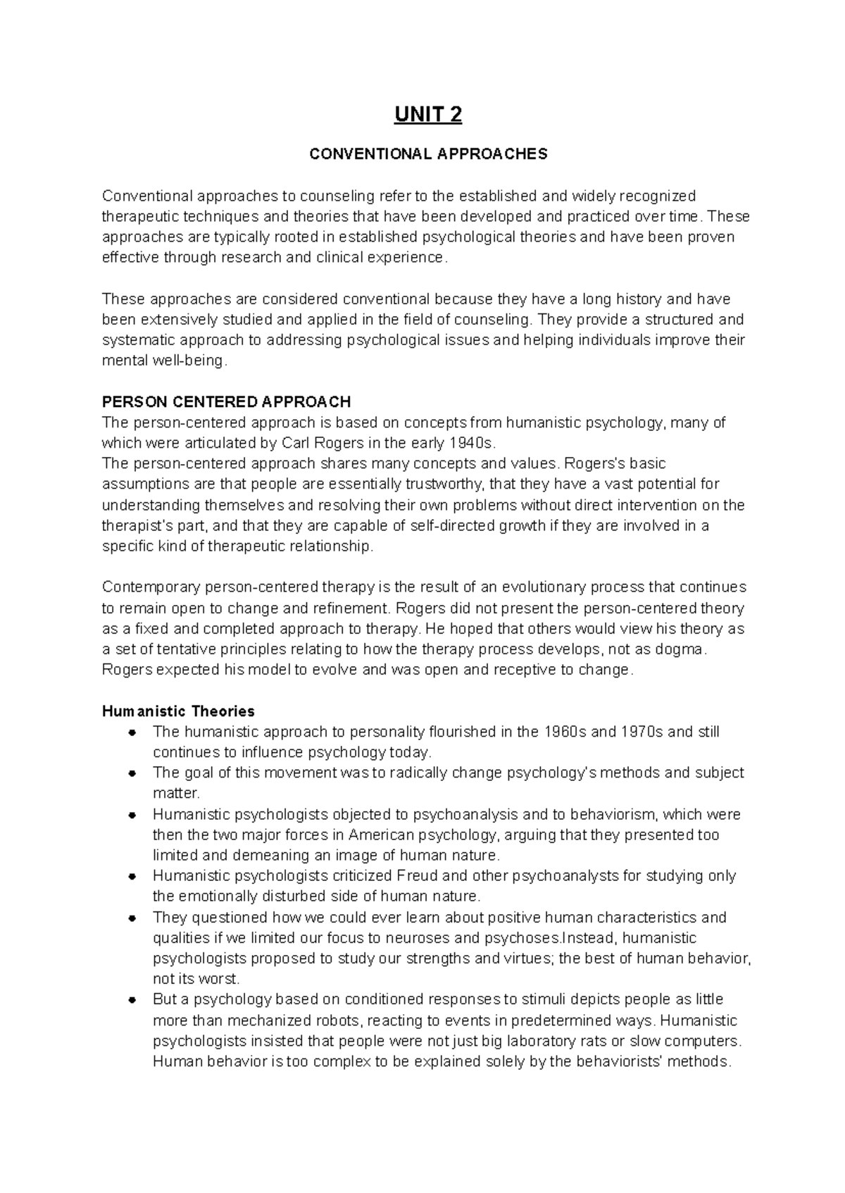 UNIT 2 COUNSELING - Lecture Notes on Conventional Approaches and ...