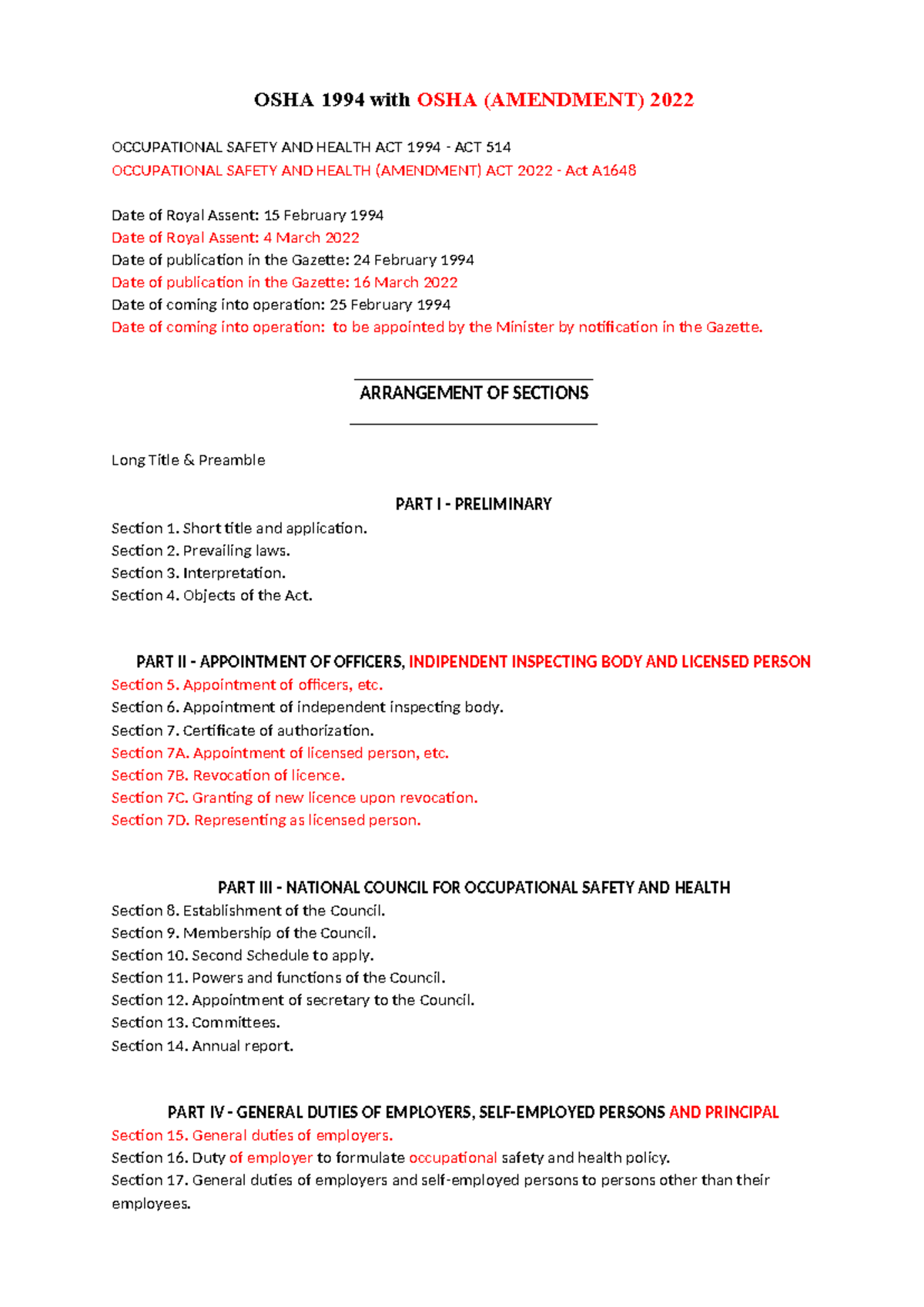 OSHA 1994 vs OSHA 2022: Key Amendments Reviewed (240404 110110) - Studocu