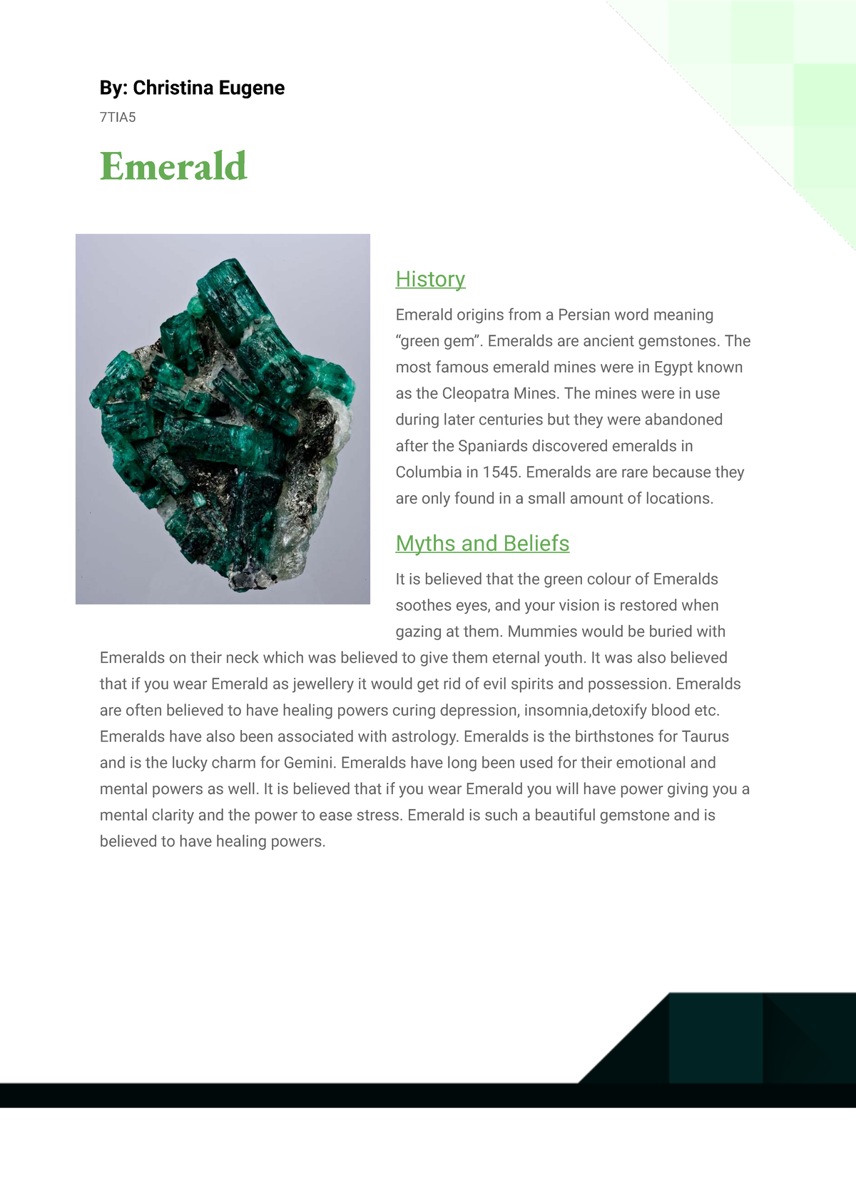 Emerald Origins and Myths: Insights from 7TIA5 History Class - Studocu