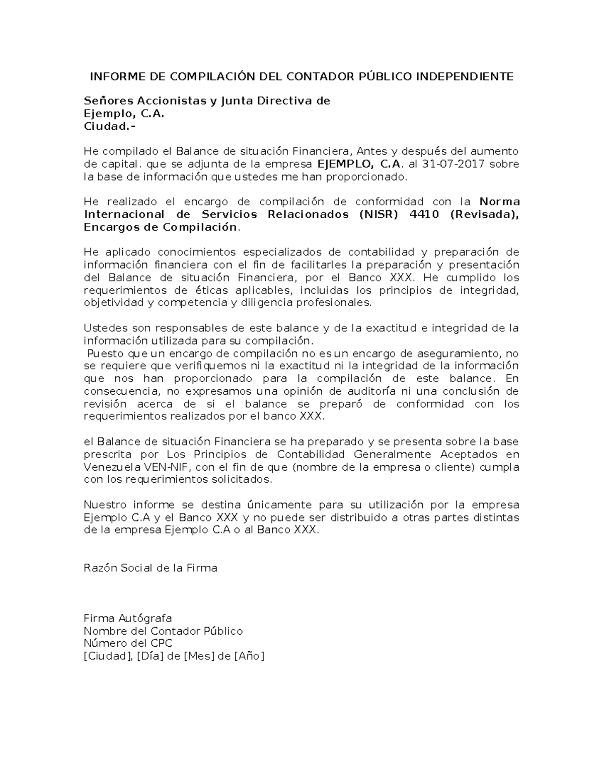 Informe de Compilación del Balance Financiero - Aumento de Capital ...