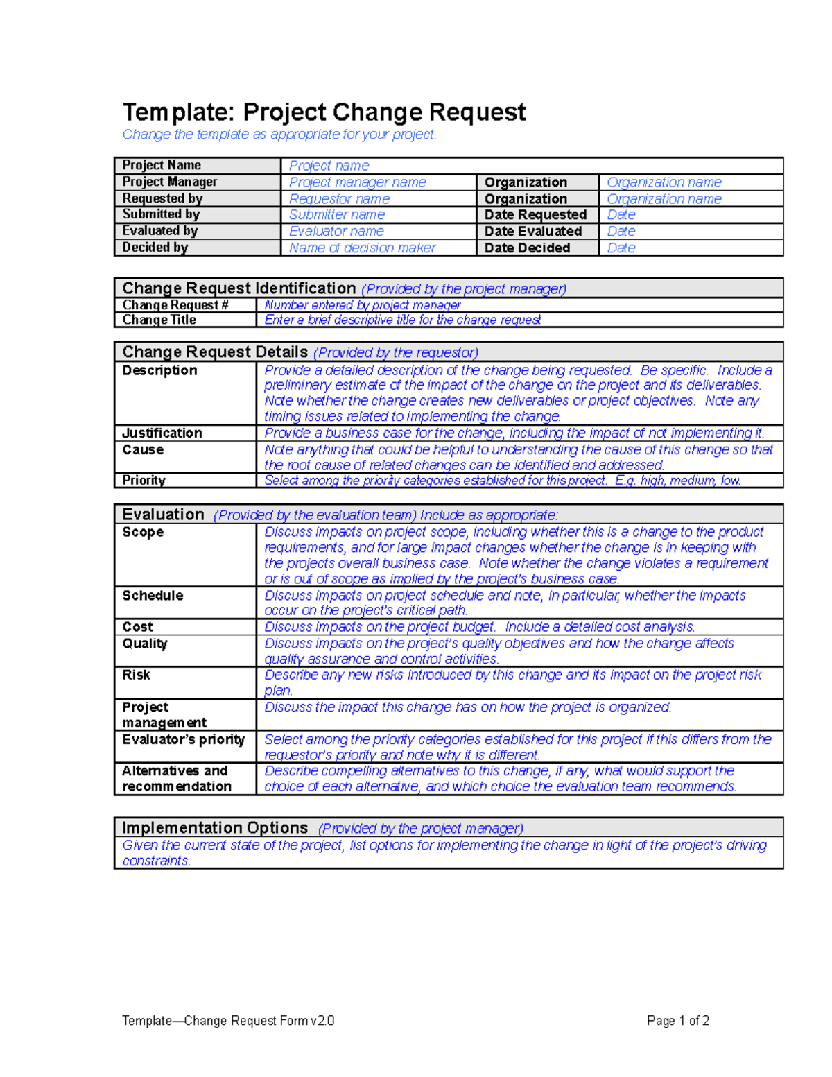 Business Change Request Form - Template: Project Change Request Change ...