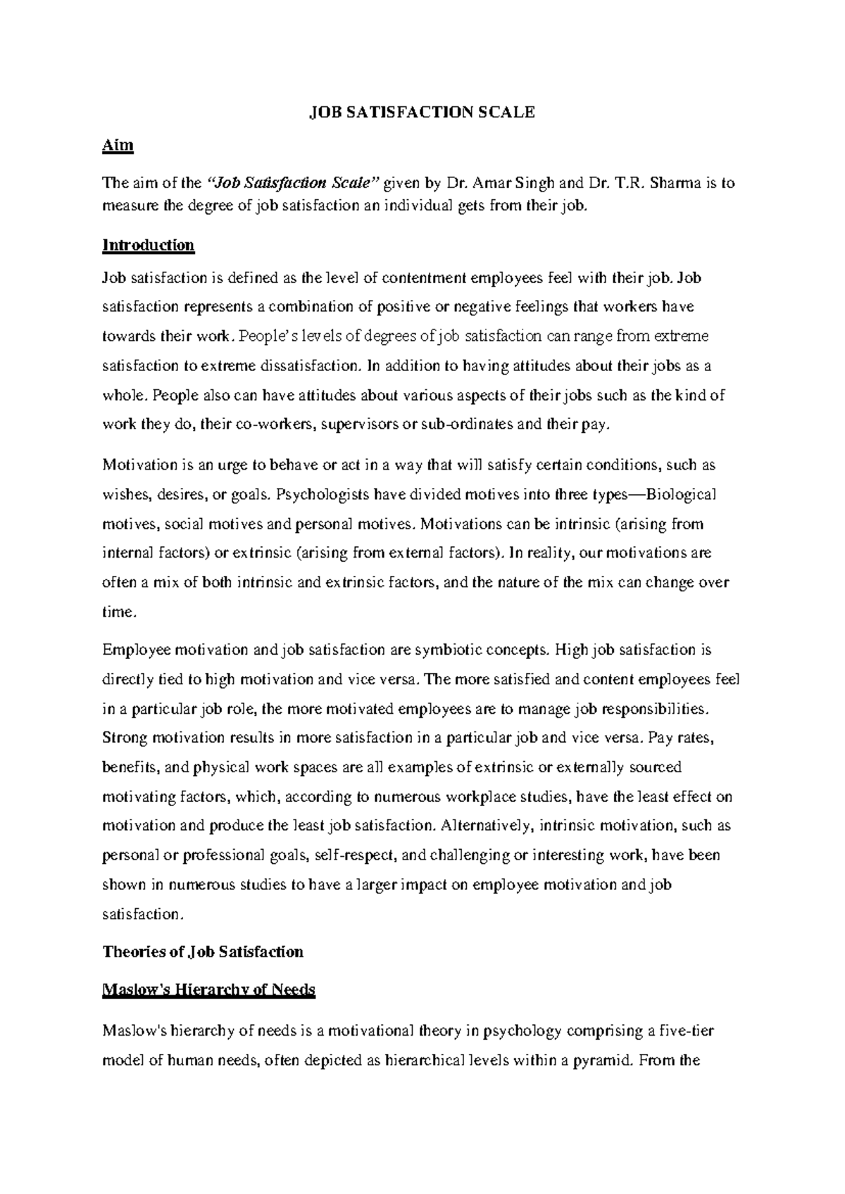 "JOB Satisfaction Scale: Insights into Employee Motivation and ...