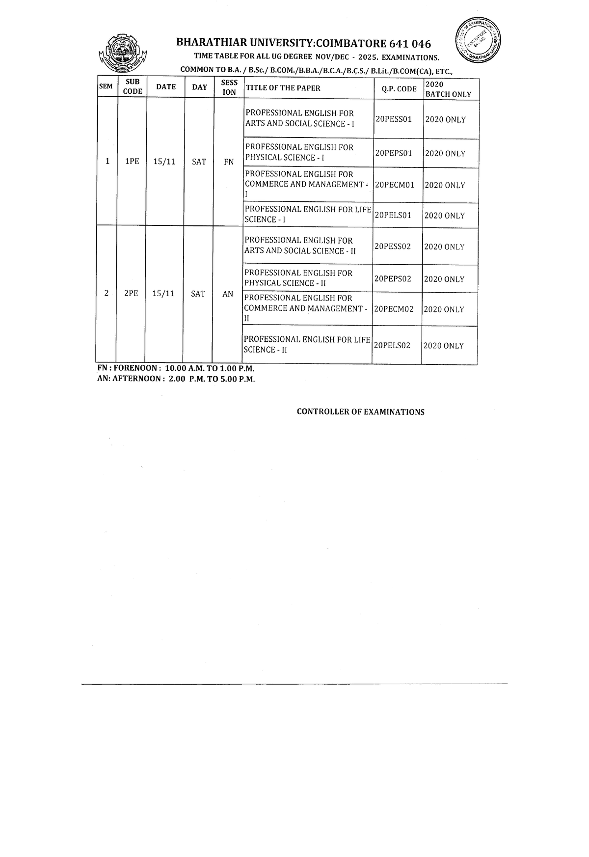 UG Degree Professional English Exam Timetable 2025 - Bharathiar ...