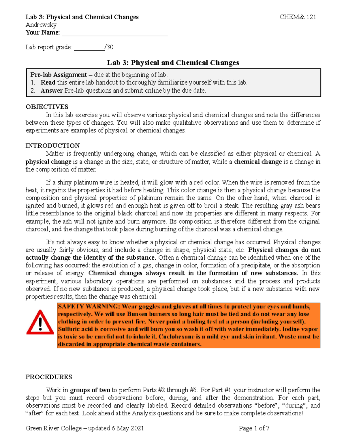 Lab #3 - Physical and Chemical Changes - Procedures & Report Templates ...