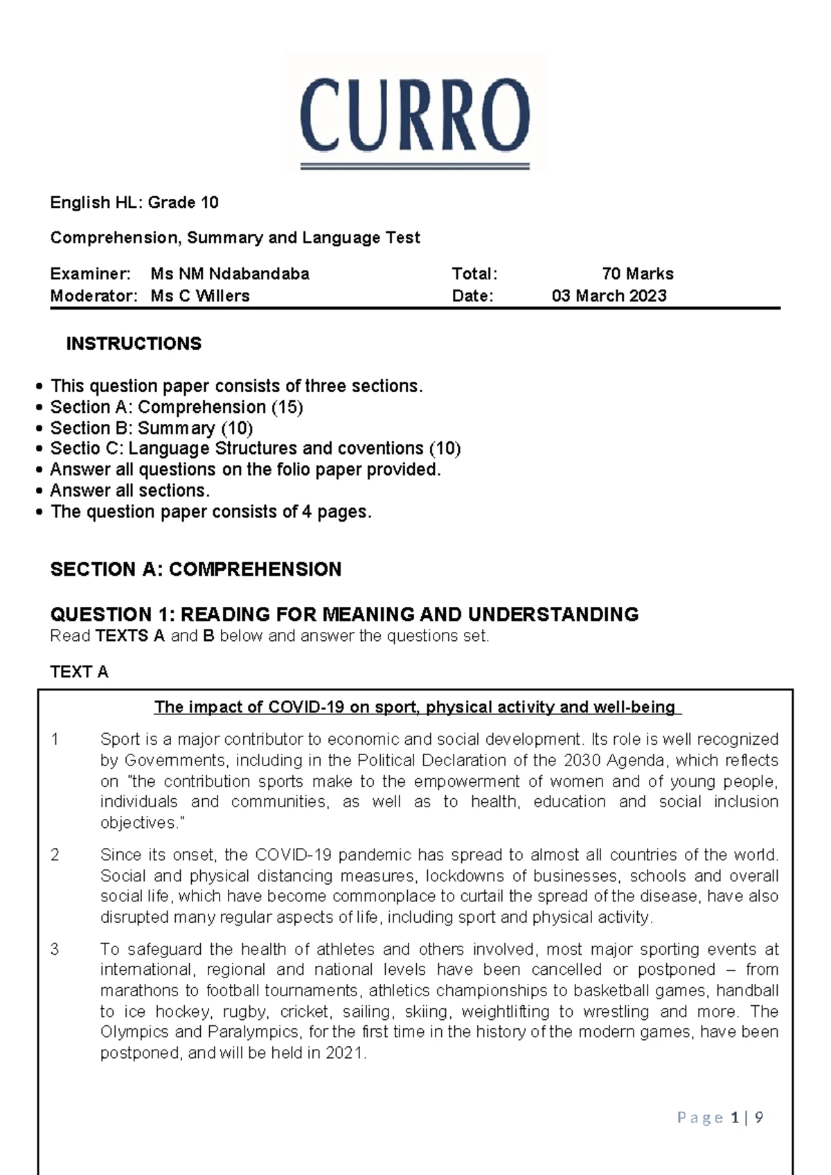 English Test Grade 10 - Test - English HL: Grade 10 Comprehension ...