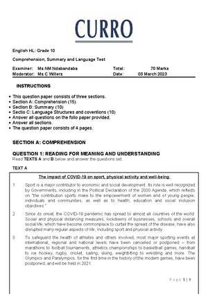 Gr 10 essay task T2 - ENGLISH HOME LANGUAGE GRADE 10 - SBA ESSAY ...