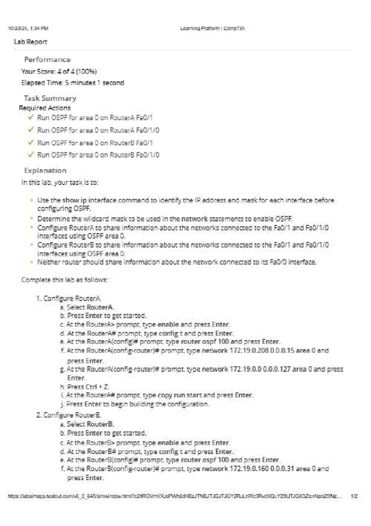 CompTIA Lab Report: OSPF Configuration for RouterA & RouterB - Studocu