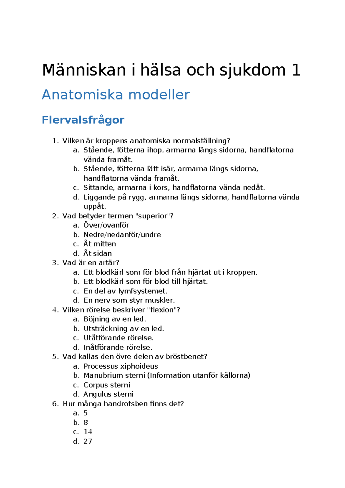 Människan i hälsa och sjukdom 1: Anatomiska modeller och flervalsfrågor ...