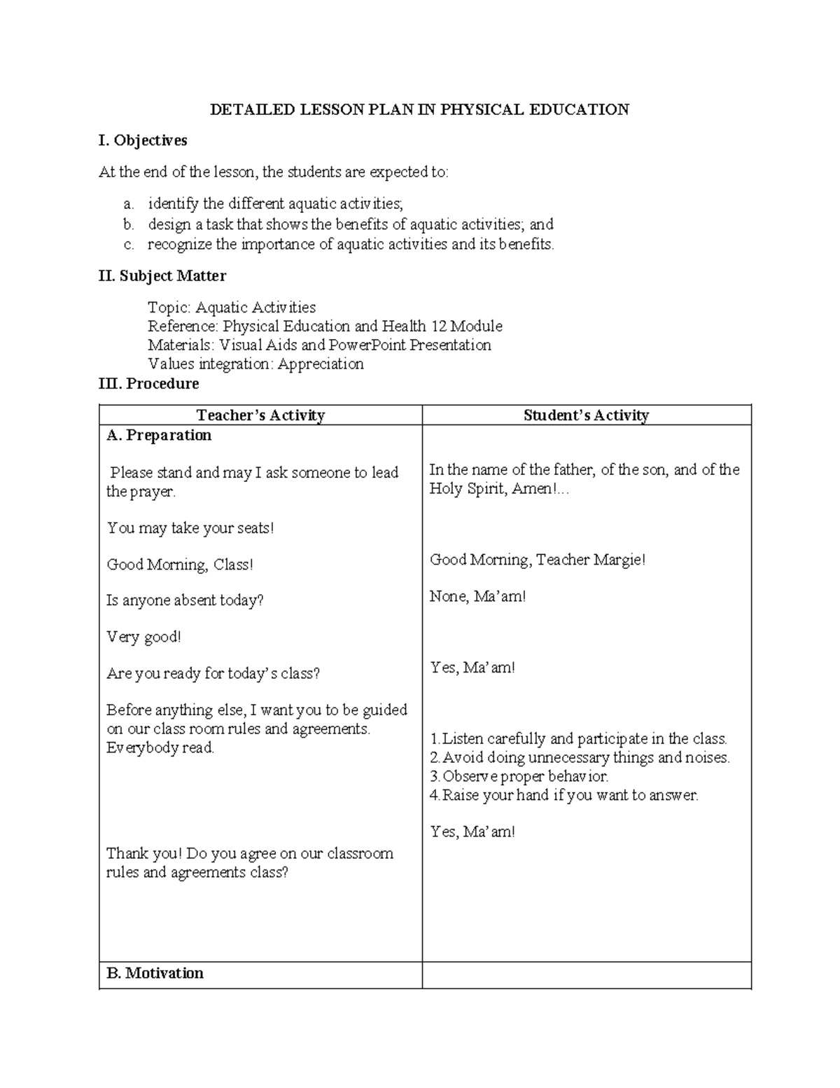Detailed Lesson Plan on Aquatic Activities (PE 12) - Studocu