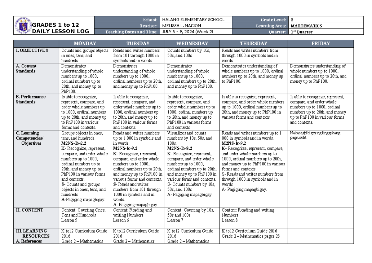 DLL Mathematics 2 Q1 W2 - dll - GRADES 1 to 12 DAILY LESSON LOG School ...