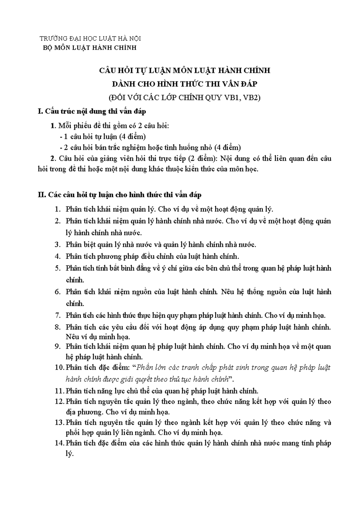 Câu Hỏi Tự Luận Môn Luật Hành Chính - Thi Vấn Đáp (VB1, VB2) - Studocu