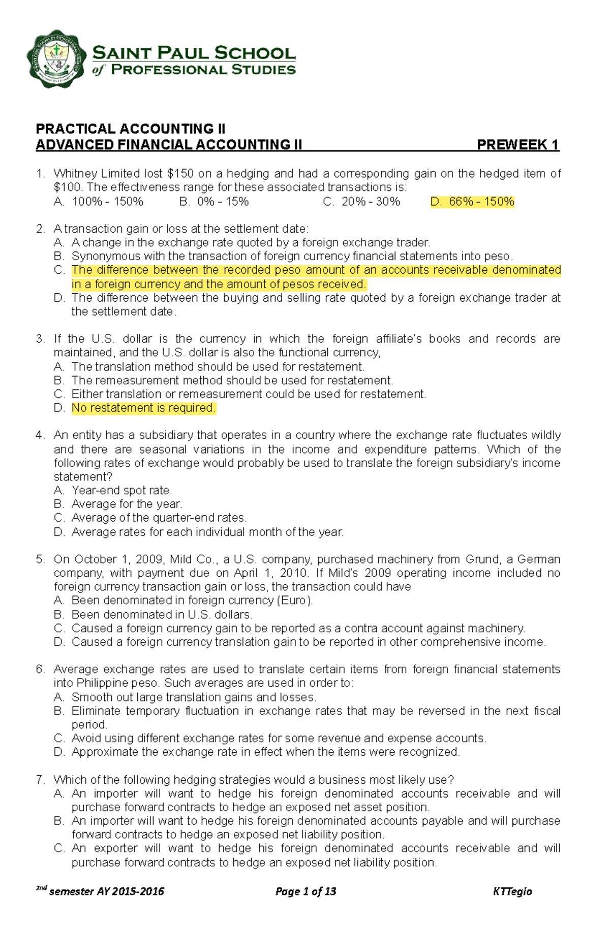 Practical Accounting II - Advanced Financial Accounting Preweek 1 Quiz ...
