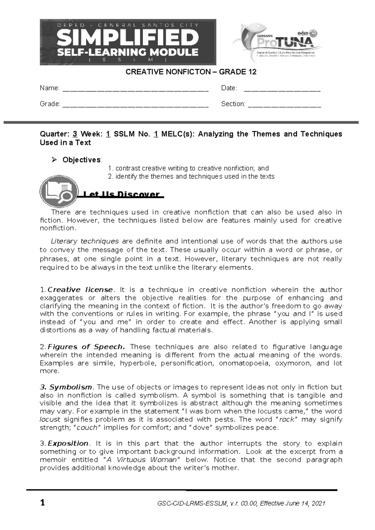 SSLM- Creative Nonfiction Analysis - Quarter 3, Week 1 Guide - Studocu