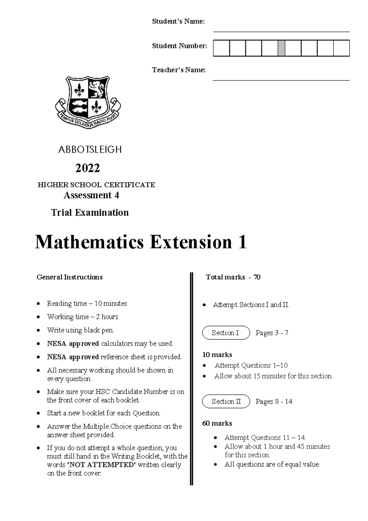 Abbotsleigh 2022 HSC Mathematics Extension 1 Trial Exam (3U) - Studocu