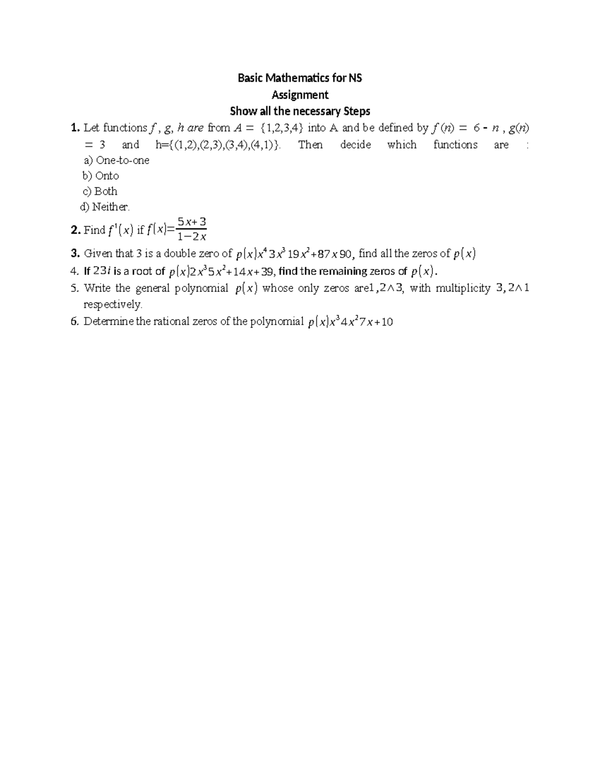 Assignment for Basic Mathematics for NS - Basic Mathematics for NS ...